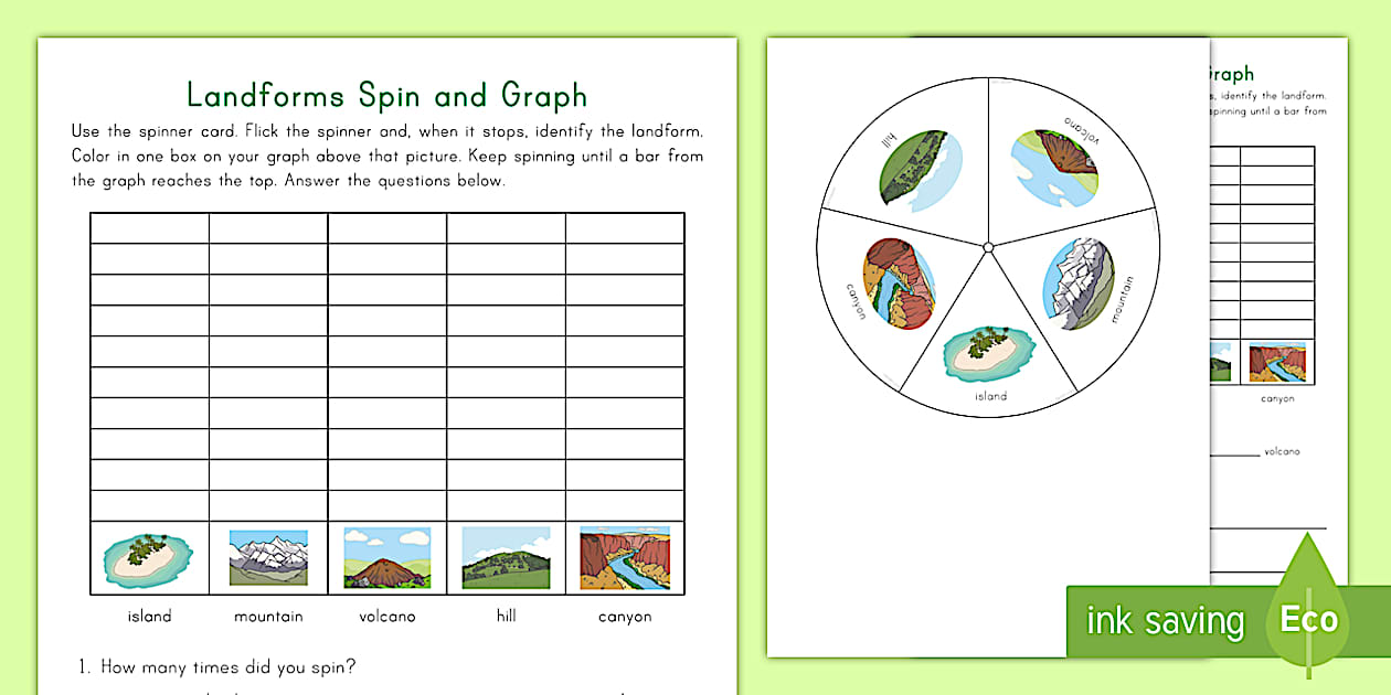 Landforms Spin and Graph Worksheet (teacher made) - Twinkl
