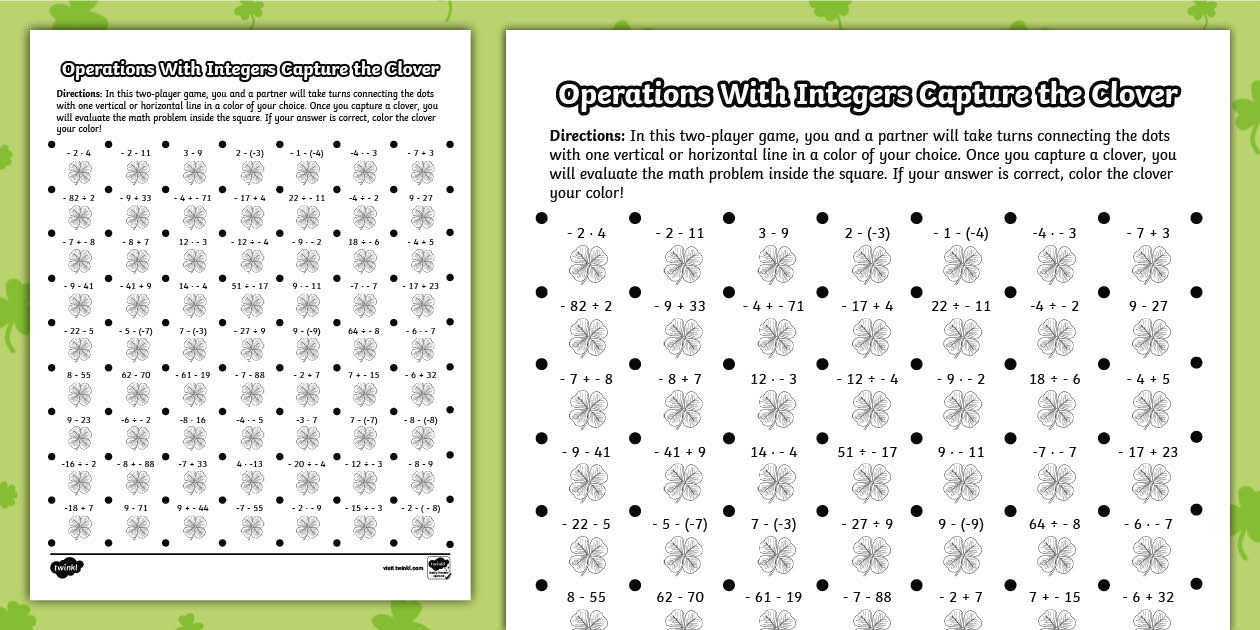 Seventh Grade Operations With Integers Capture the Clover Game