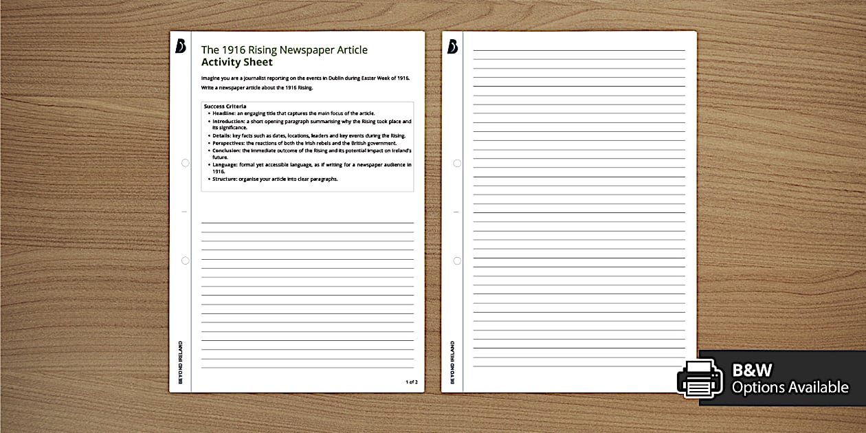 The 1916 Rising Newspaper Article Worksheet - Twinkl