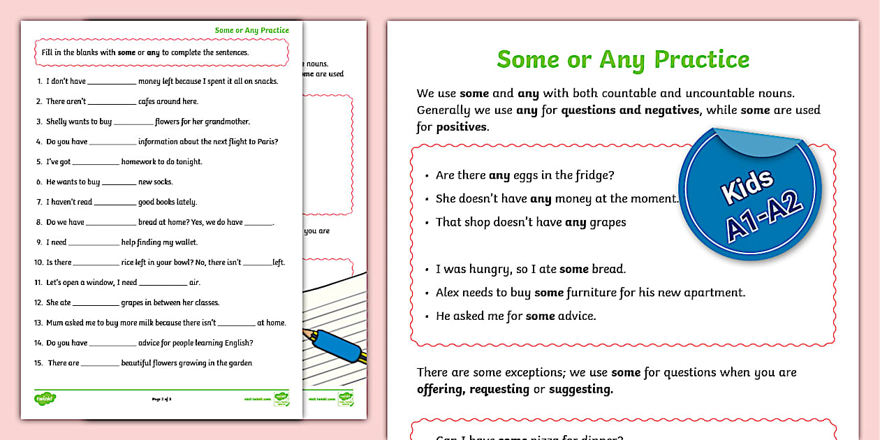 ESL Some or Any Practice Worksheet (teacher made) - Twinkl