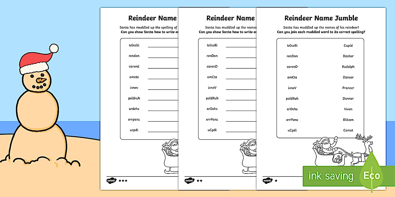 SA Reindeer Name Jumble Differentiated Worksheets - Twinkl