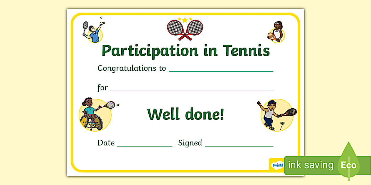 Tennis-Themed Sport Participation Certificate (Teacher-Made)