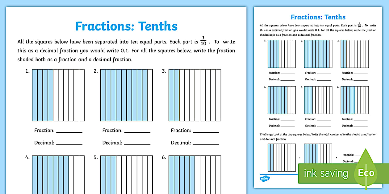 Tenths as Fractions and Decimals Worksheet - Twinkl