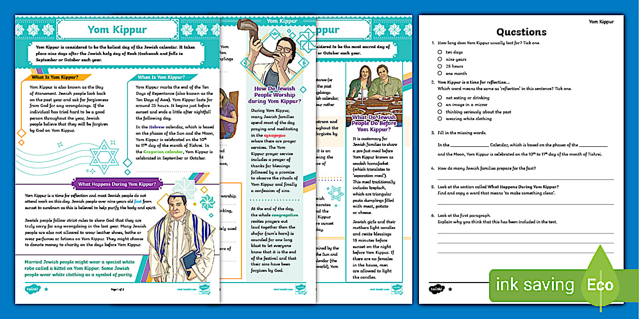 UKS2 Yom Kippur Reading Comprehension - Primary Resources