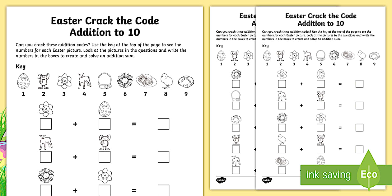 Easter Crack the Code Addition to 10 Worksheets - Twinkl