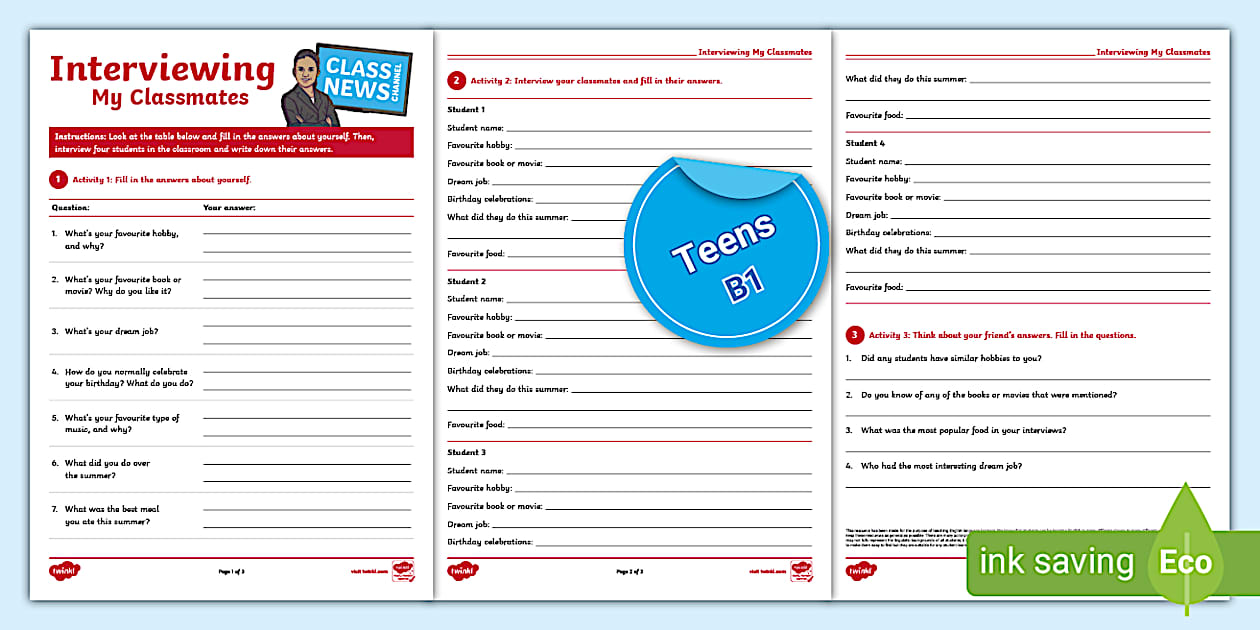 Interviewing My Classmates [Teens, B1] - Twinkl