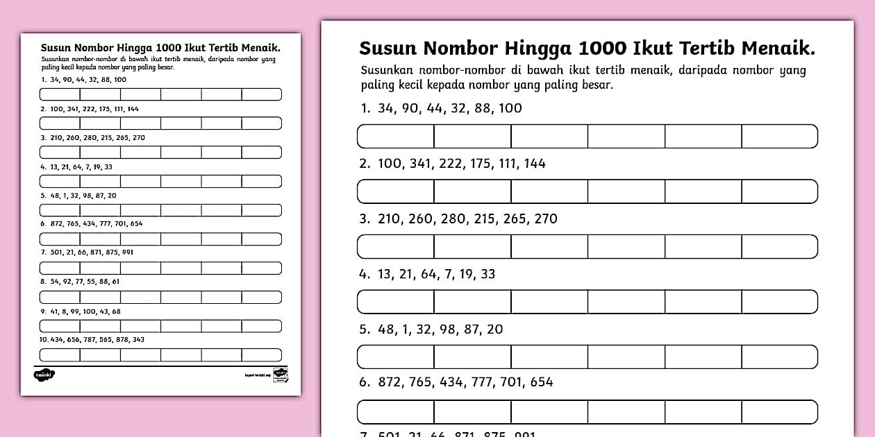 Nombor hingga 1000 - Aktiviti Susun Ikut Tertib Menaik