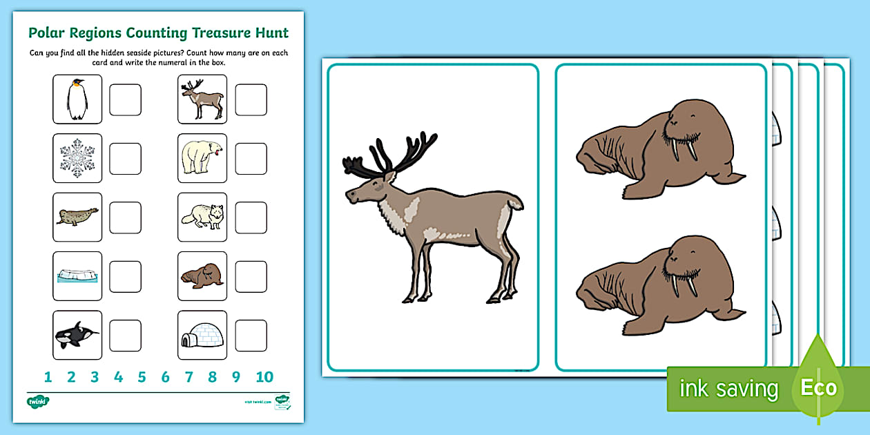 Maths Polar Regions Counting Treasure Hunt Activity - Twinkl