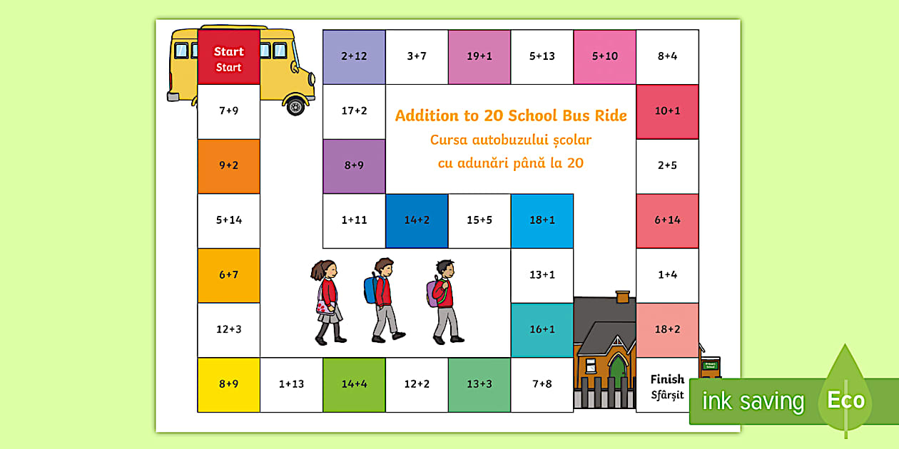 Addition within 20 Bus Board Game English/Romanian - Addition Board Game