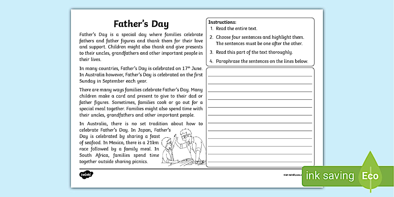QLD Father's Day Paraphrasing Worksheet (teacher made)