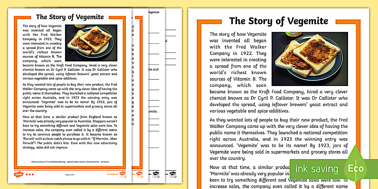 Vegemite Reading Comprehension Worksheets - Differentiated