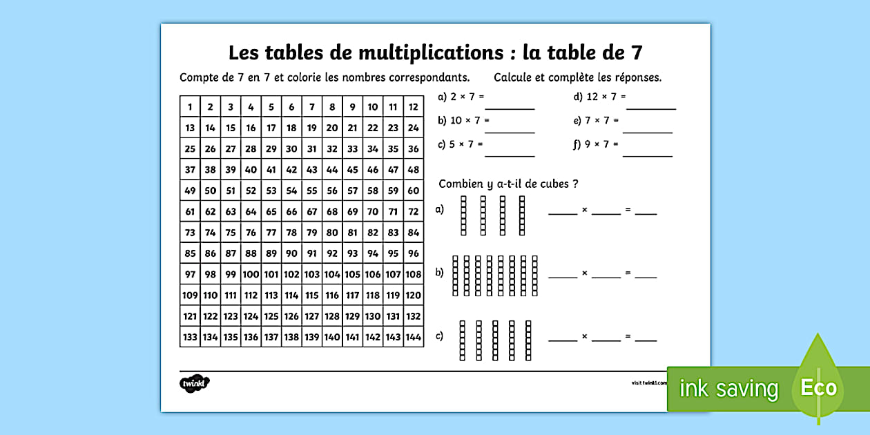 Fiche de calcul: la table de 7les multiplications Feuille d'activités