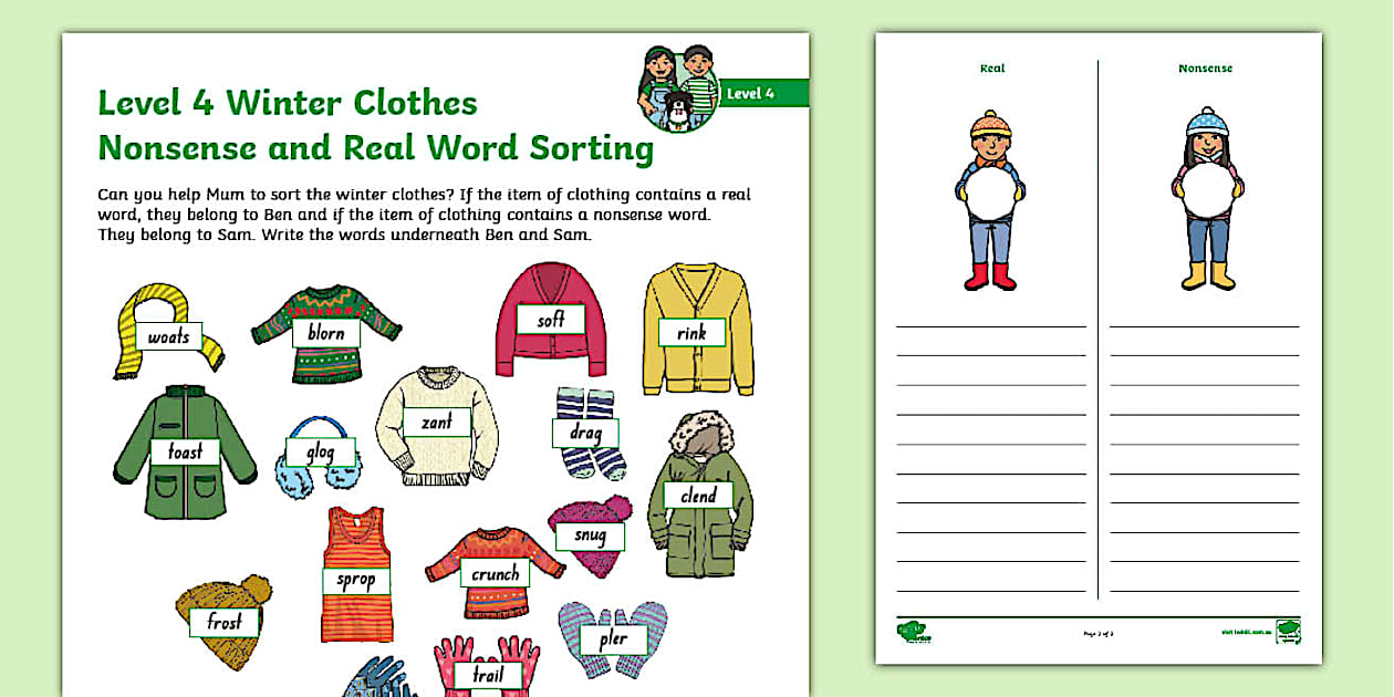 Level 4 Winter Clothes Nonsense and Real Word Sorting