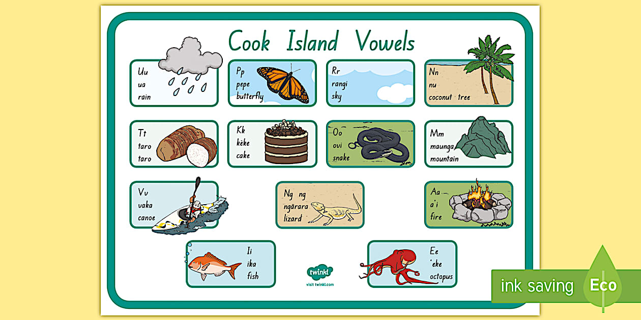 Black and White Cook Islands Vowels and Consonants A4 Display Poster