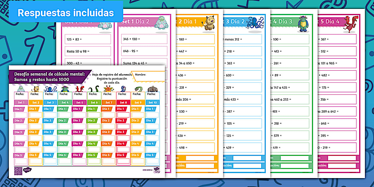 Fichas de actividad: Desafío semanal de cálculo mental - Sumas y restas ...