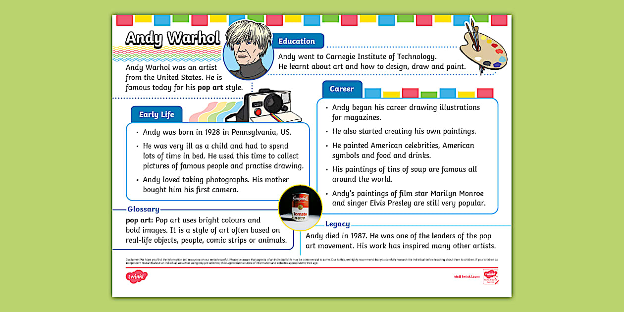 KS1 Andy Warhol Fact File - Art - Pop Art (teacher made)