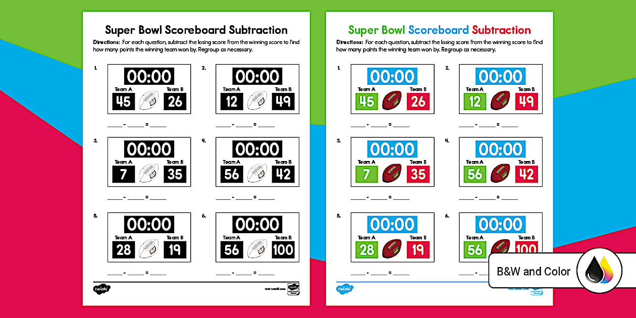 Super Bowl Subtraction Worksheet for 2nd Grade | Twinkl USA