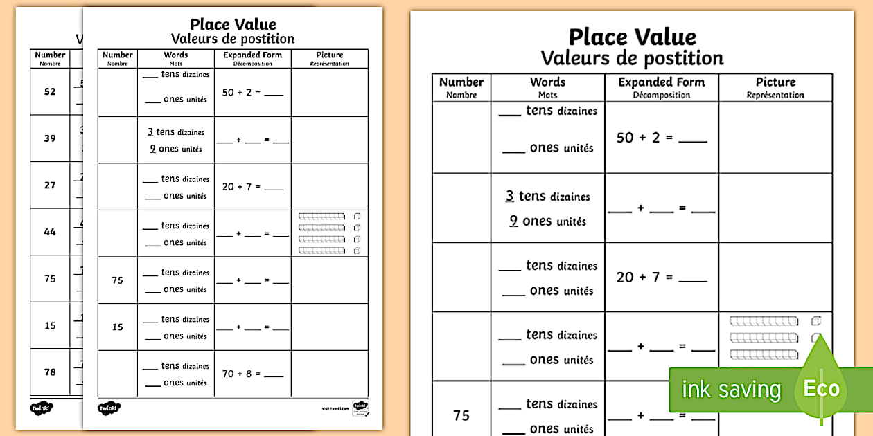 Place Value Worksheet / Worksheet English/French - Place Value Worksheet