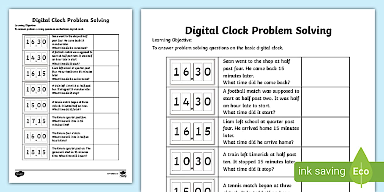 Editable Digital Clock Problem Solving Worksheet - Twinkl