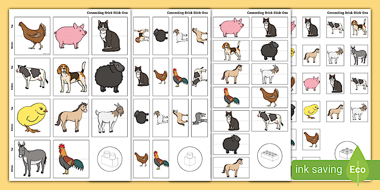 Farm Animals Matching Connecting Bricks Game (teacher made)