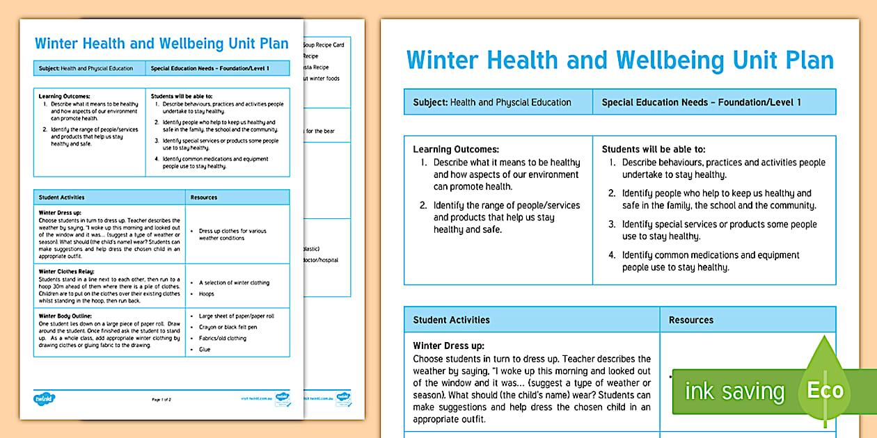 Winter Health and Wellbeing Unit Plan Template - Twinkl
