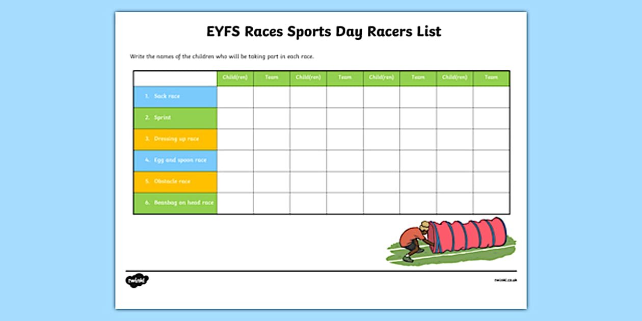 Black and White EYFS Races Sports Day Racers List - Twinkl