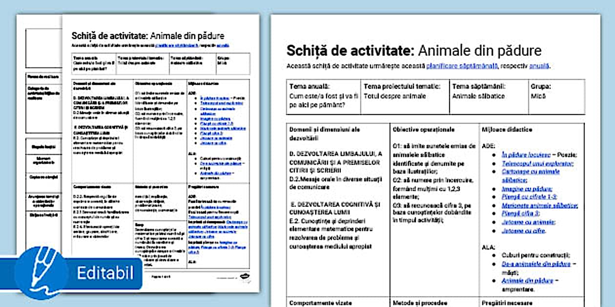 Animale din pădure – Schiță de activitate grupa mică