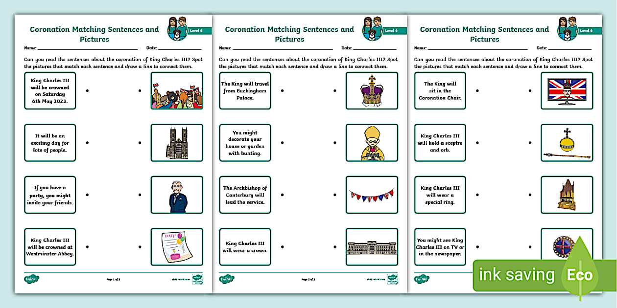 Coronation Reading and Matching Sentences to Pictures - KS1