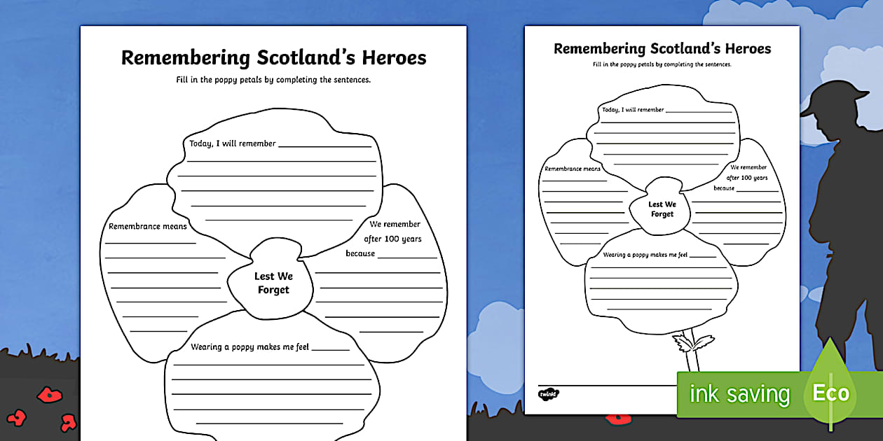 Editable Scotland's Heroes Remembrance Poppy Worksheet
