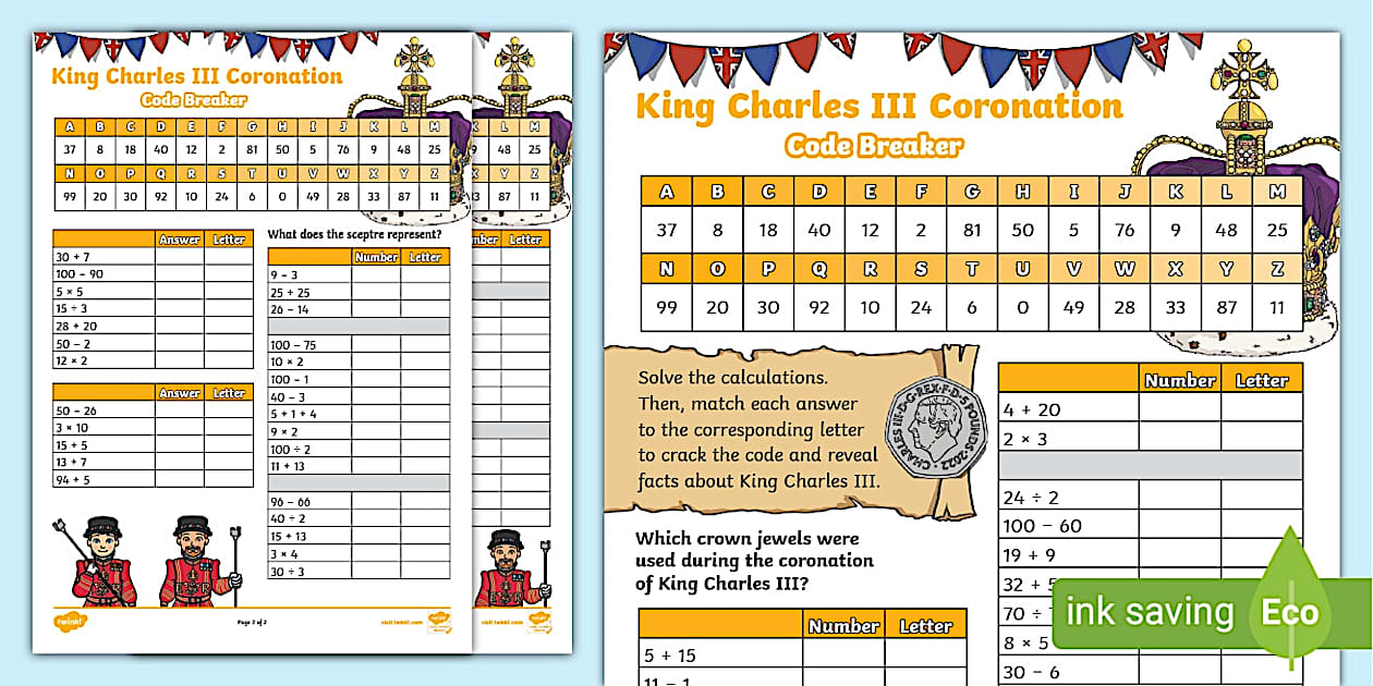 👉 Y2 King Charles III Coronation Code Breaker Activity Sheet