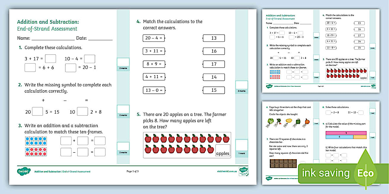 Year 1 Addition and Subtraction End-of-Semester Assessment