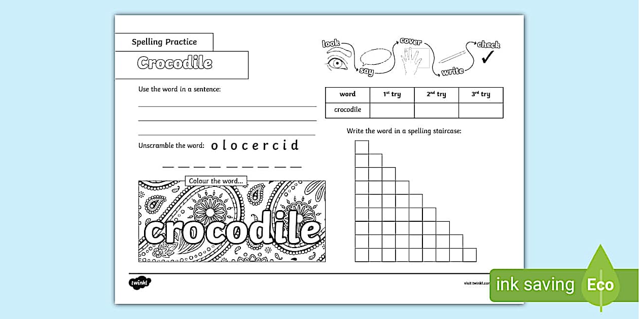 Crocodile Spelling Practice Worksheet (teacher made)