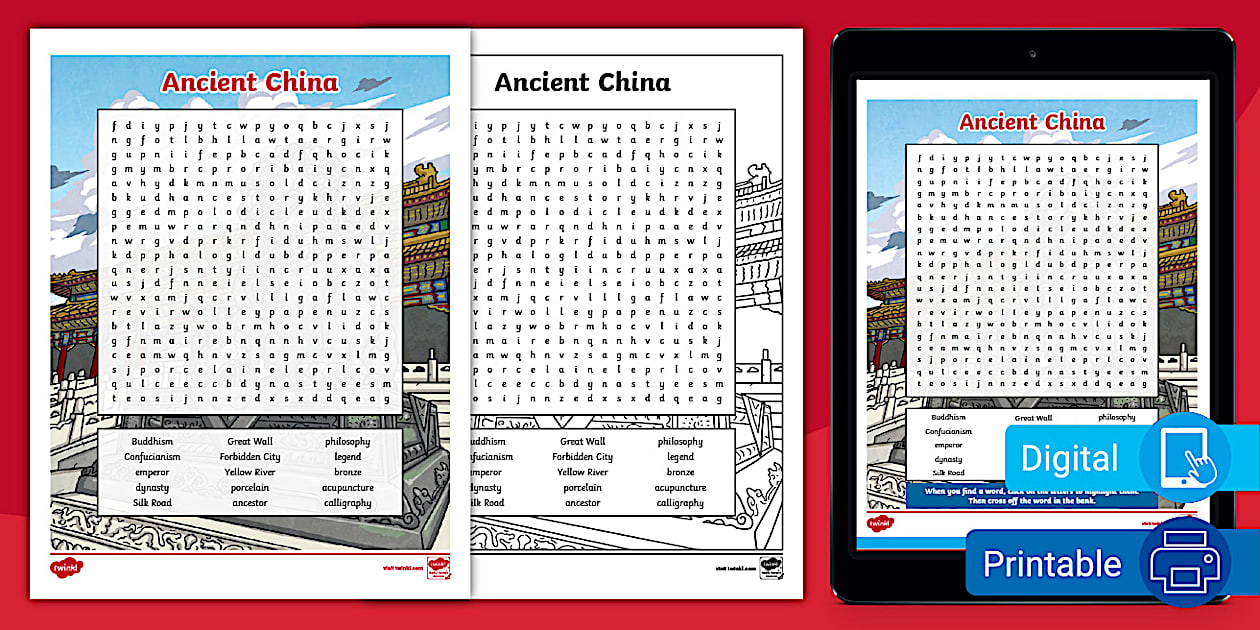 Sixth Grade Ancient China Word Search (teacher made)