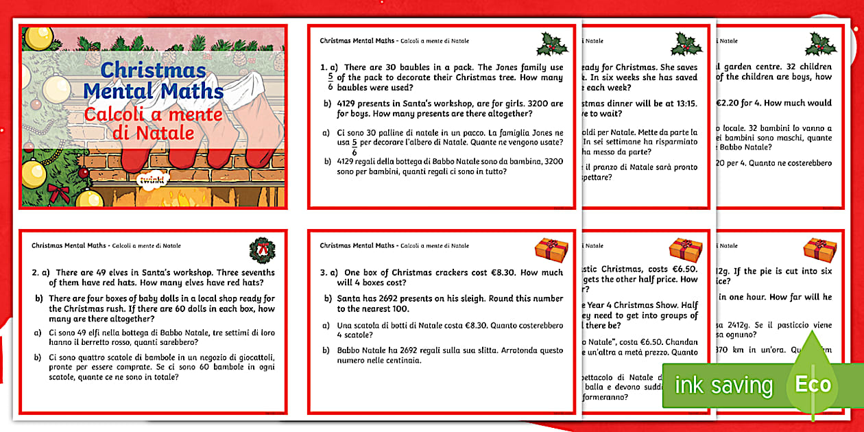 Christmas Mental Maths Challenge Cards English/Italian