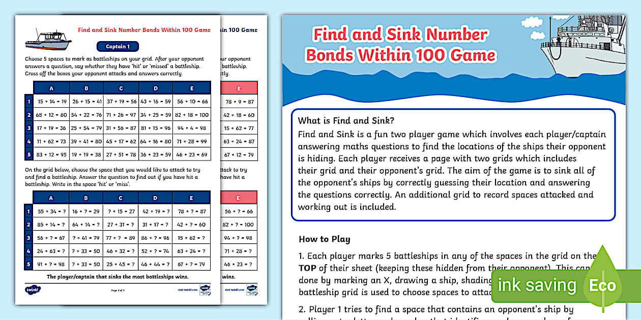 👉 KS1 Find and Sink Number Bonds Within 100 Game - Twinkl
