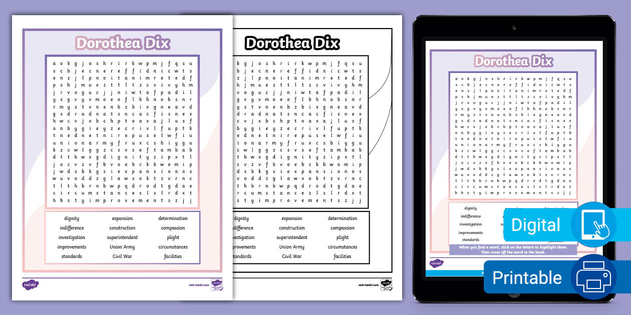Eighth Grade Dorothea Dix Word Search (Teacher-Made)