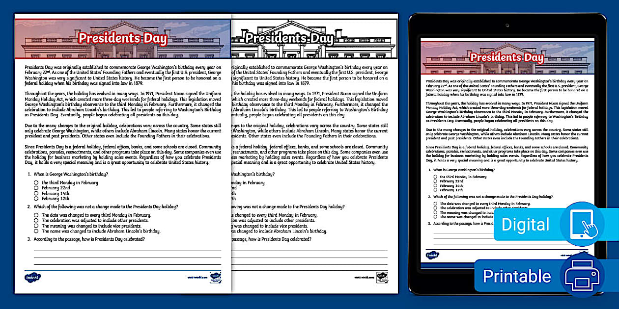 Eighth Grade Presidents Day Reading Passage Comprehension Worksheet