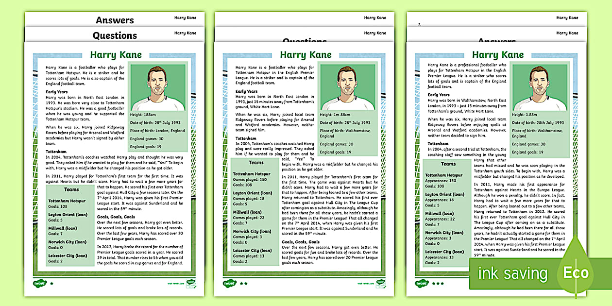 Lower Ability LKS2 Harry Kane Differentiated Reading Comprehension Activity