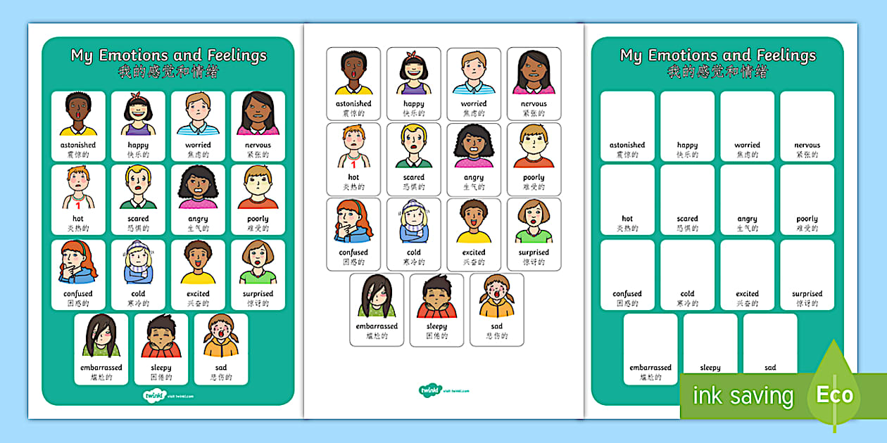 My Emotions and Feelings Vocabulary Matching Word Mat English/Mandarin ...