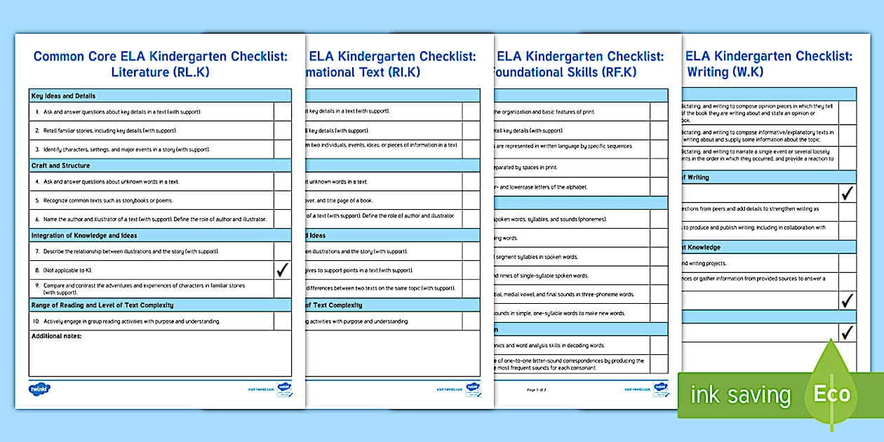 Common Core ELA Kindergarten Standards Checklist - Twinkl
