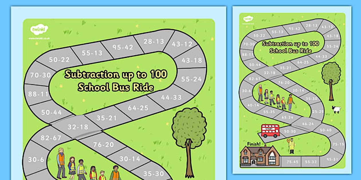 Black and White Subtraction to 100 Bus Board Game - Twinkl