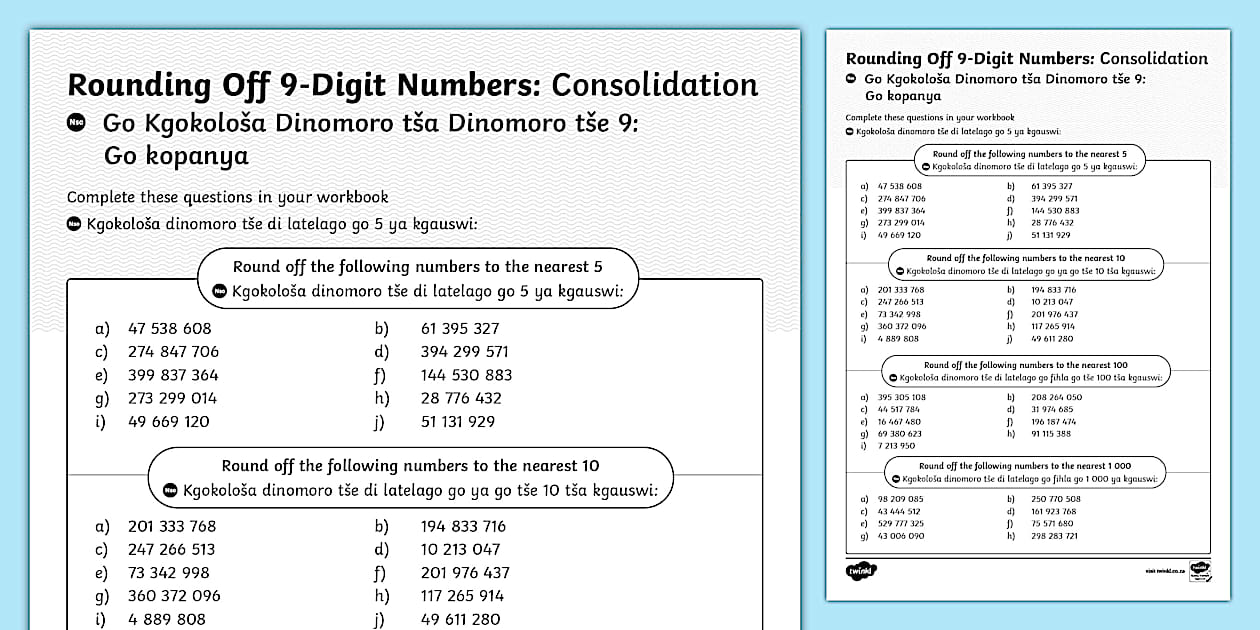 Rounding Off 9-Digit Numbers: Consolidation Activity Sheet Sepedi