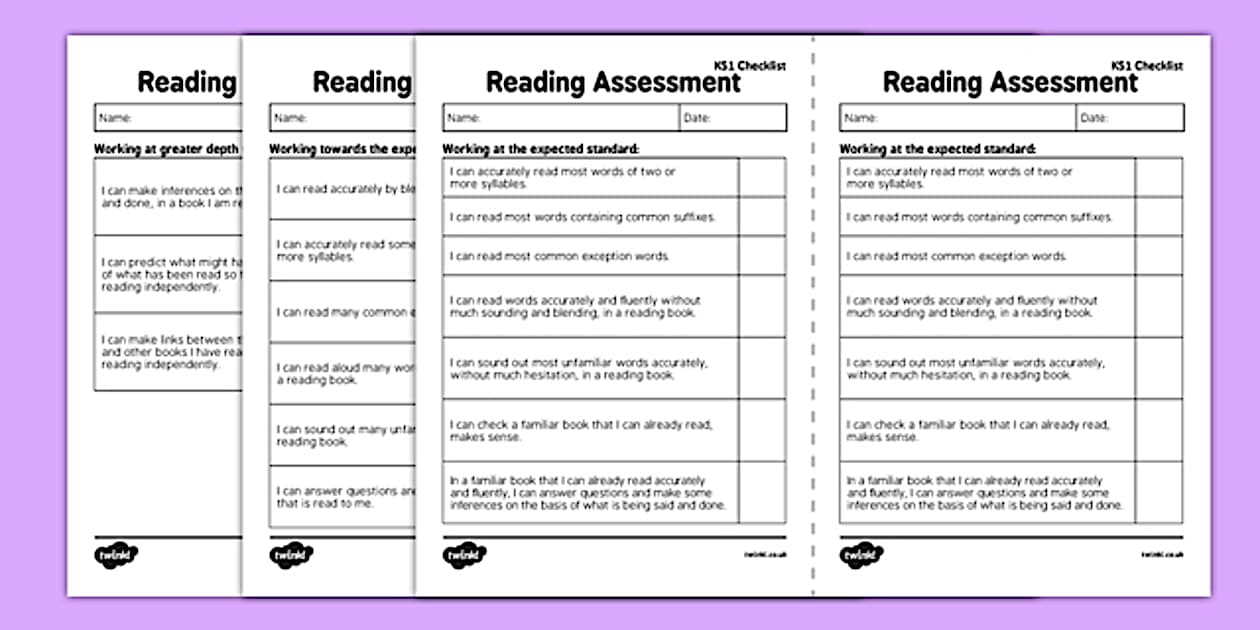 Editable KS1 Reading Exemplification - I Can Statements Checklist