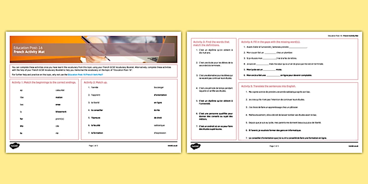 Education Post 16 French Activity Mat