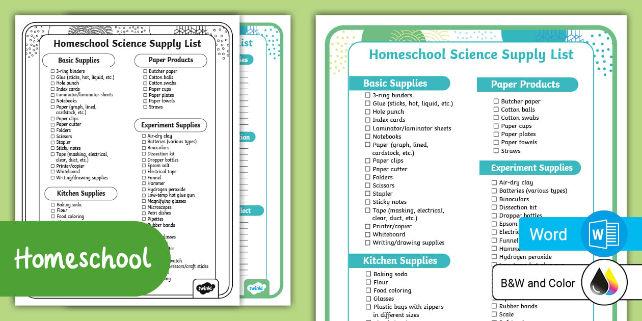 Homeschool Science Supply List (teacher made) - Twinkl