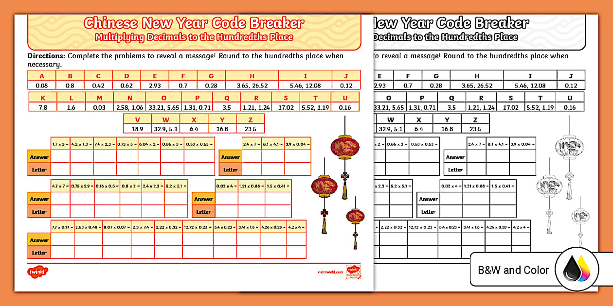 Chinese New Year Code Breaker: Multiplying Decimals - Twinkl