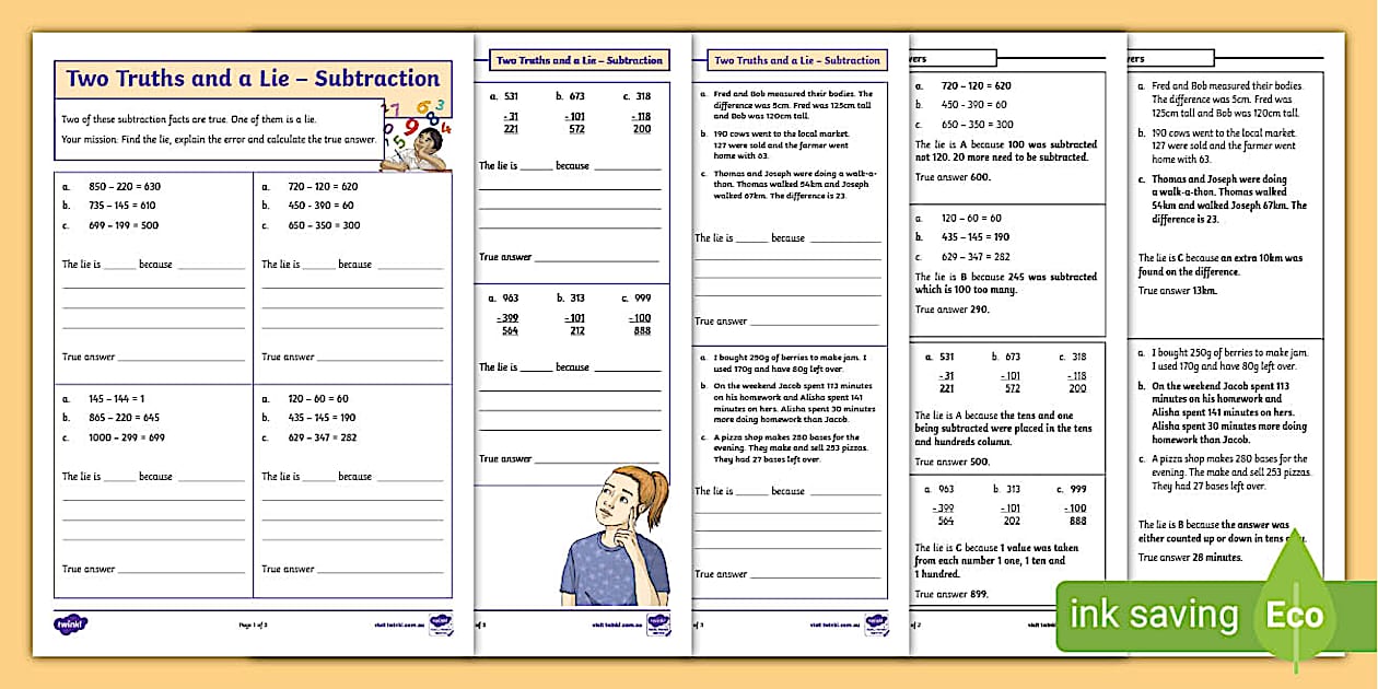 Two Truths and a Lie – Subtraction (teacher made) - Twinkl