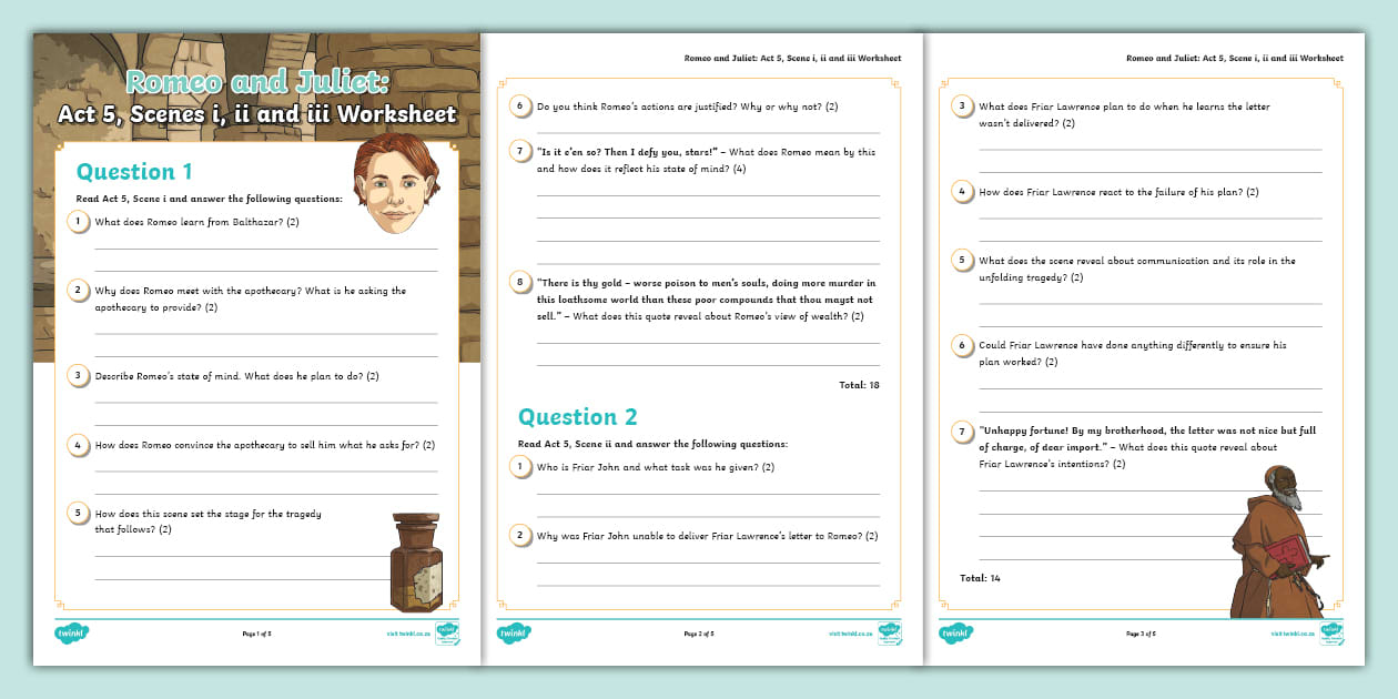 Romeo and Juliet: Act 5, Scenes i, ii and iii Worksheet