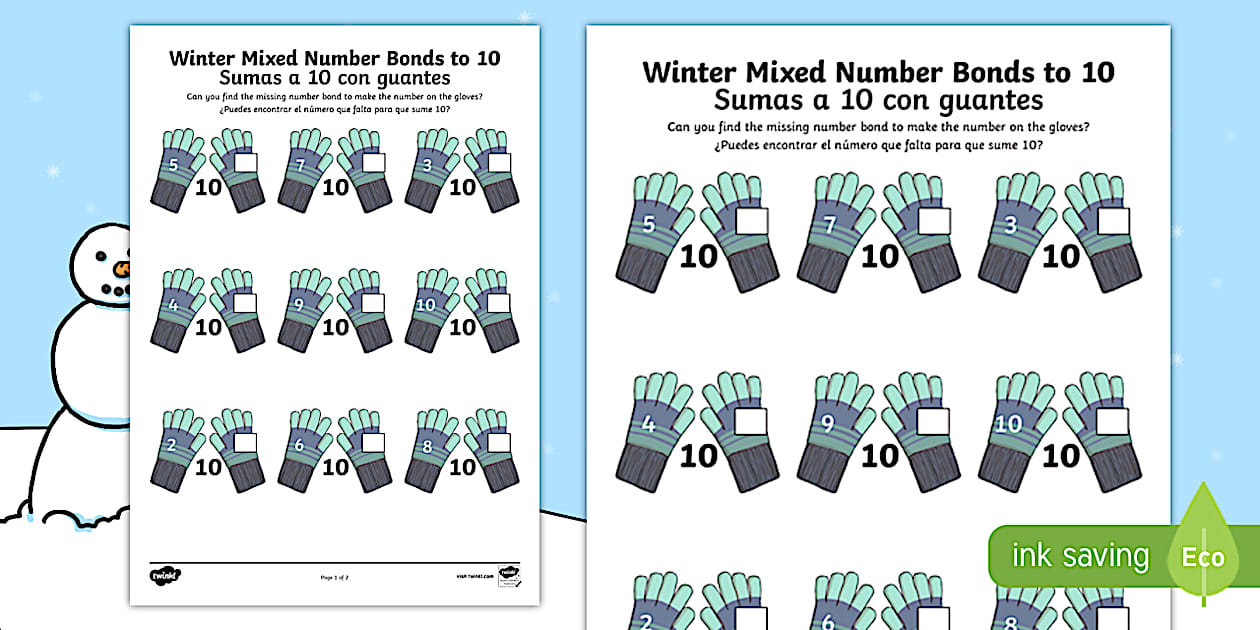 Black and White Winter Themed Mixed Number Bonds to 10 Worksheet