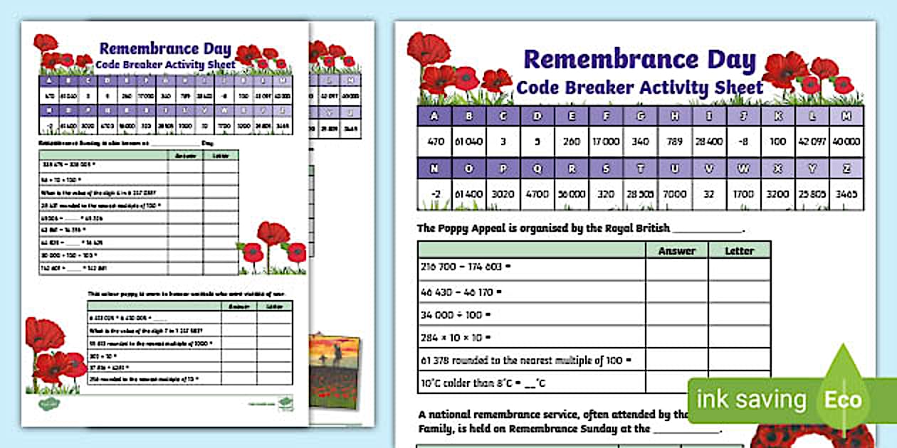 👉 Y6 Remembrance Day Code Breaker Activity Sheet - Twinkl